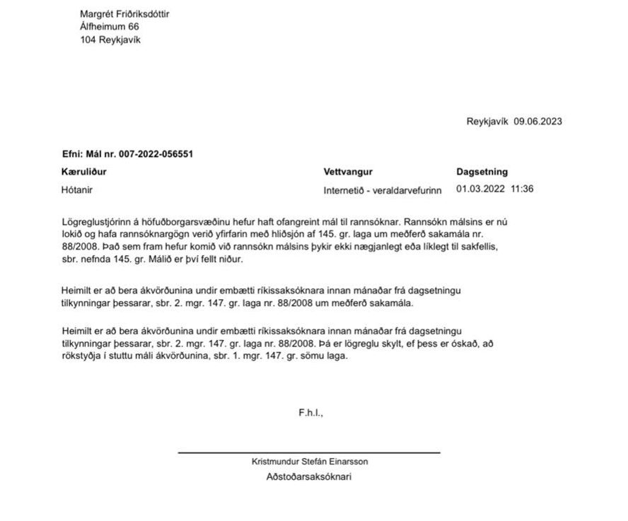 Margrét ósátt við Lögreglustjórann á höfuðborgarsvæðinu – „Veikur ...